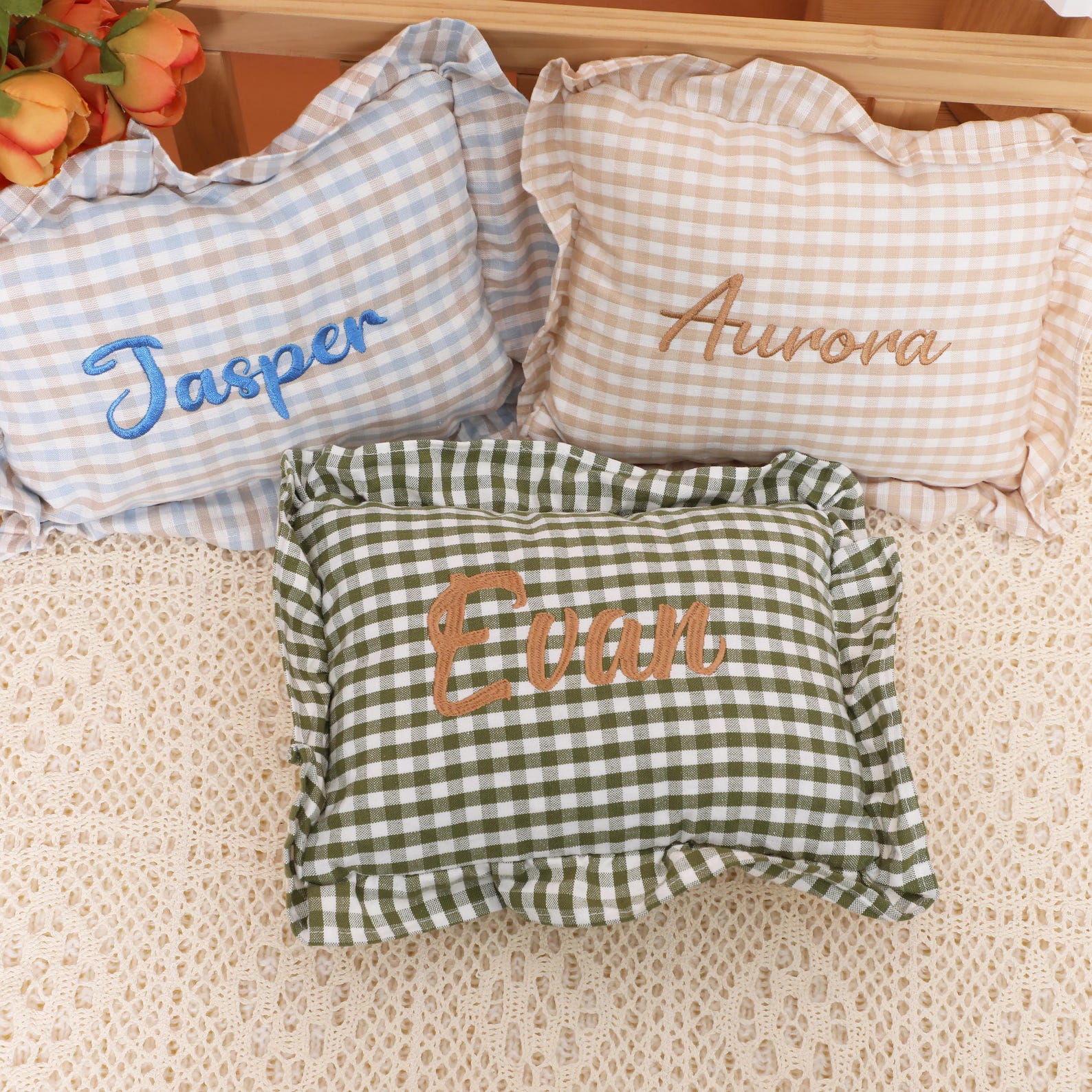 Personalized Baby Name Pillow:soft Plaid Nursery Cushion With Ruffled ...