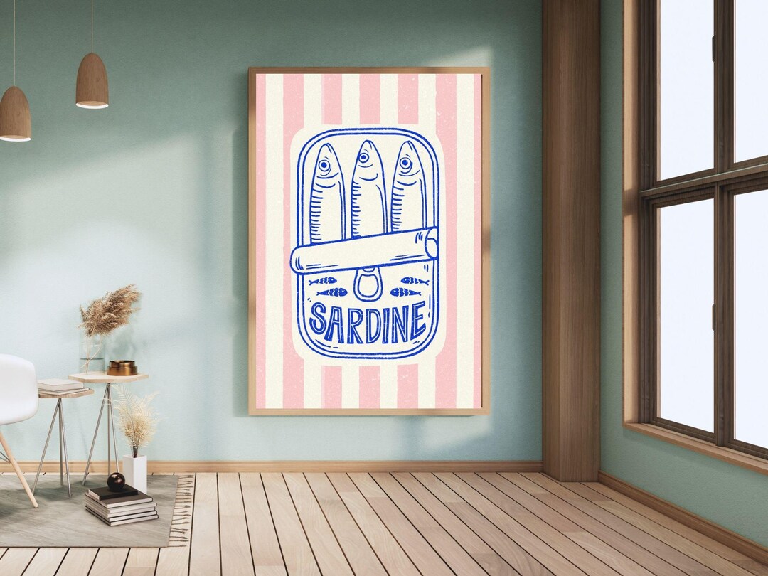 Retro Sardine Can Illustration Print | Pink & Blue Nautical Wall Art ...