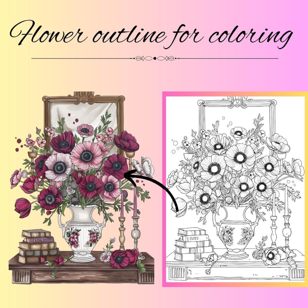 Flowers in Vase Coloring Outline PDF, Printable Black Line Drawing for ...