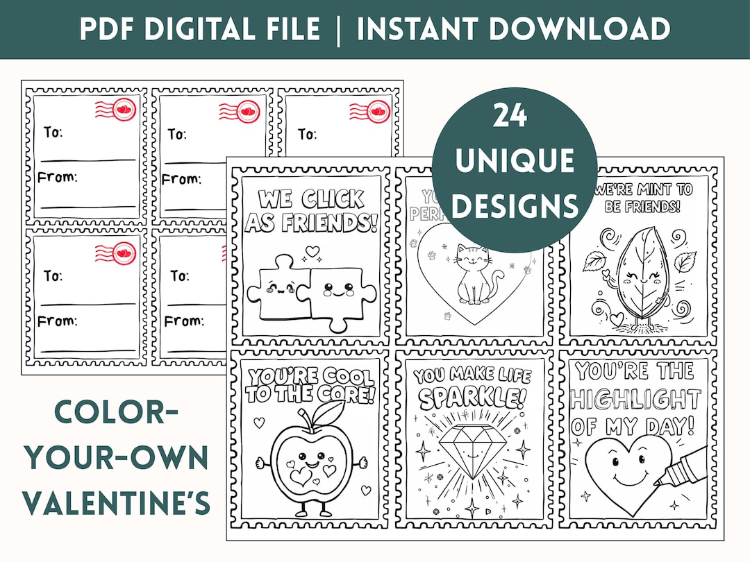 Coloring Valentines Cards for Classroom | Digital Downloadable PDF - Etsy