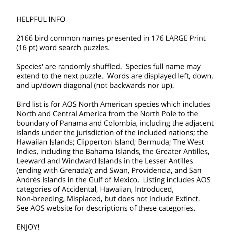 North American Birds Word Search Large Print_puzzles 61-80 - Etsy