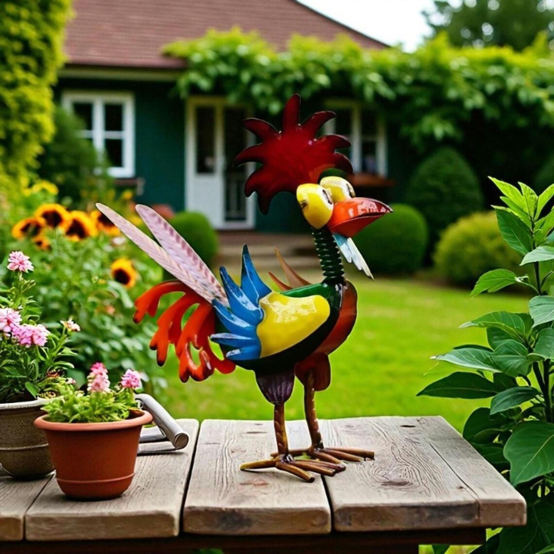 Rustic Metal Rooster Garden Ornament: Whimsical Farmhouse Patio Decor ...