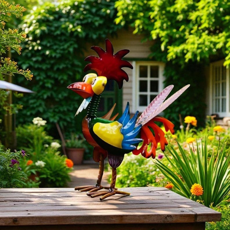 Rustic Metal Rooster Garden Ornament: Whimsical Farmhouse Patio Decor ...