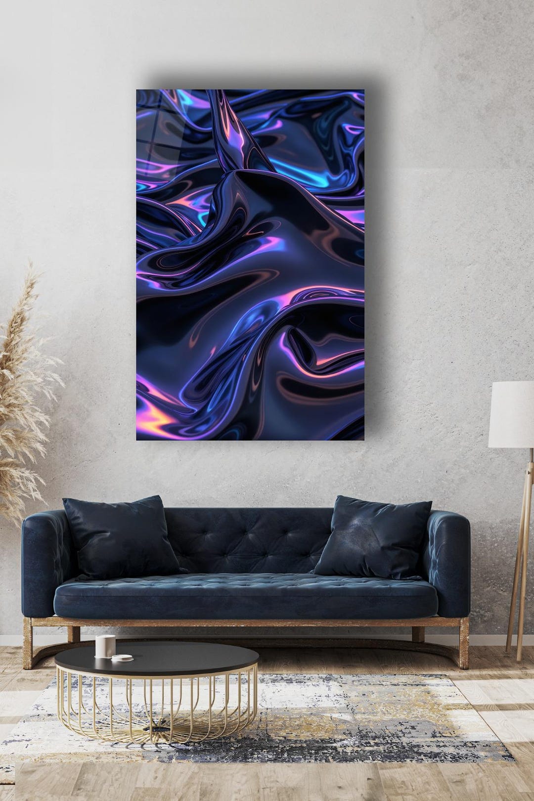 Luxury Silver Blue Liquid Metal Wall Art | Tempered Glass Abstract ...