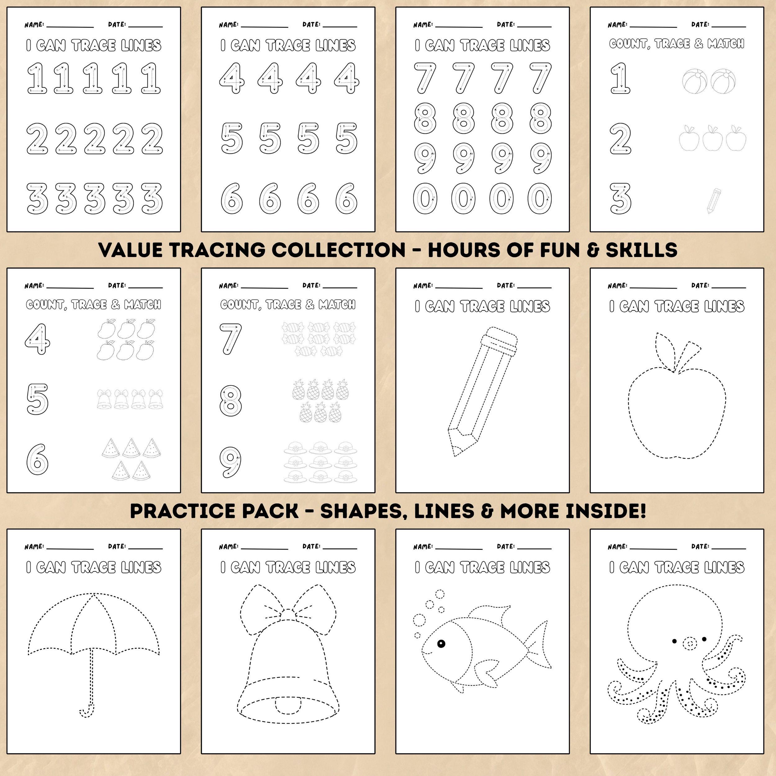 Preschool Tracing Worksheets PDF Bundle: Numbers, Mazes, Line Tracing ...
