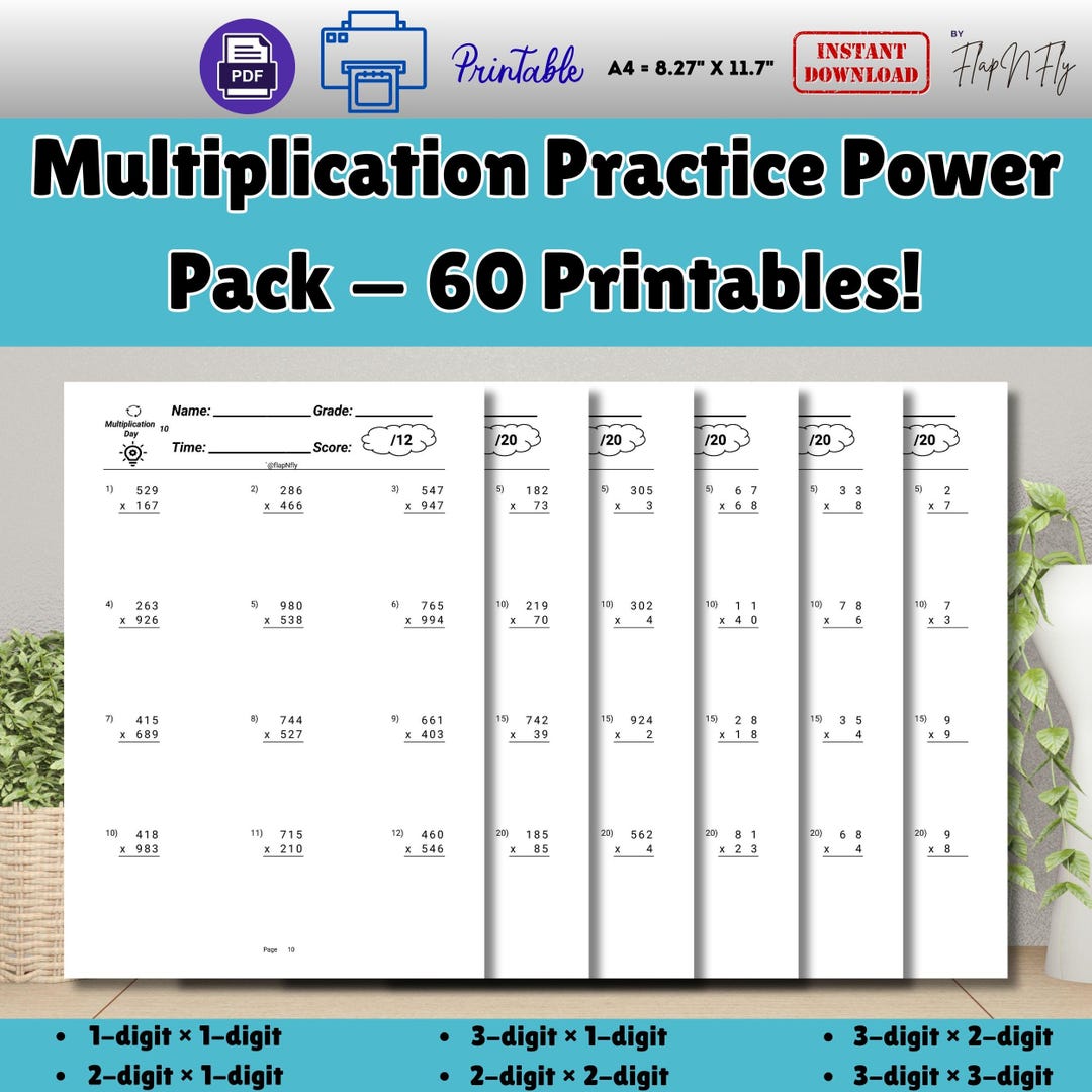 Printable Multiplication Practice Sheets | 1, 2 & 3 Digit Problems | 60 ...