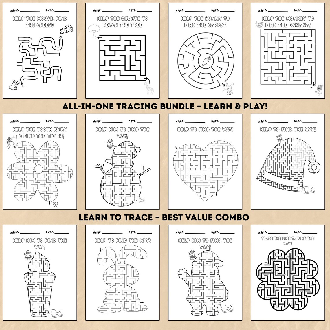 Preschool Tracing Worksheets PDF Bundle: Numbers, Mazes, Line Tracing ...