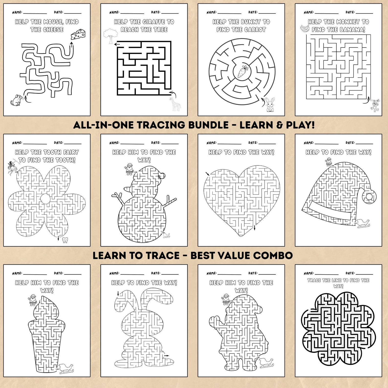 Preschool Tracing Worksheets PDF Bundle: Numbers, Mazes, Line Tracing ...