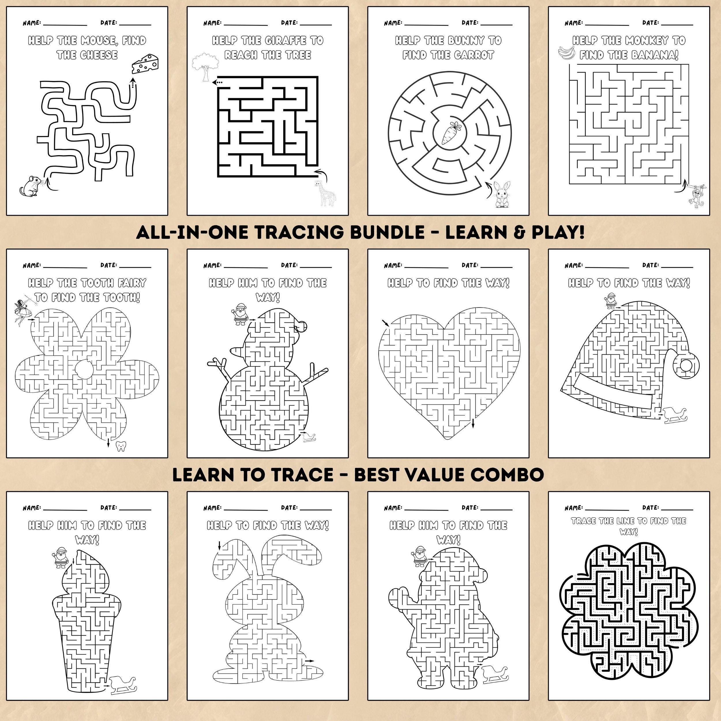Preschool Tracing Worksheets PDF Bundle: Numbers, Mazes, Line Tracing ...