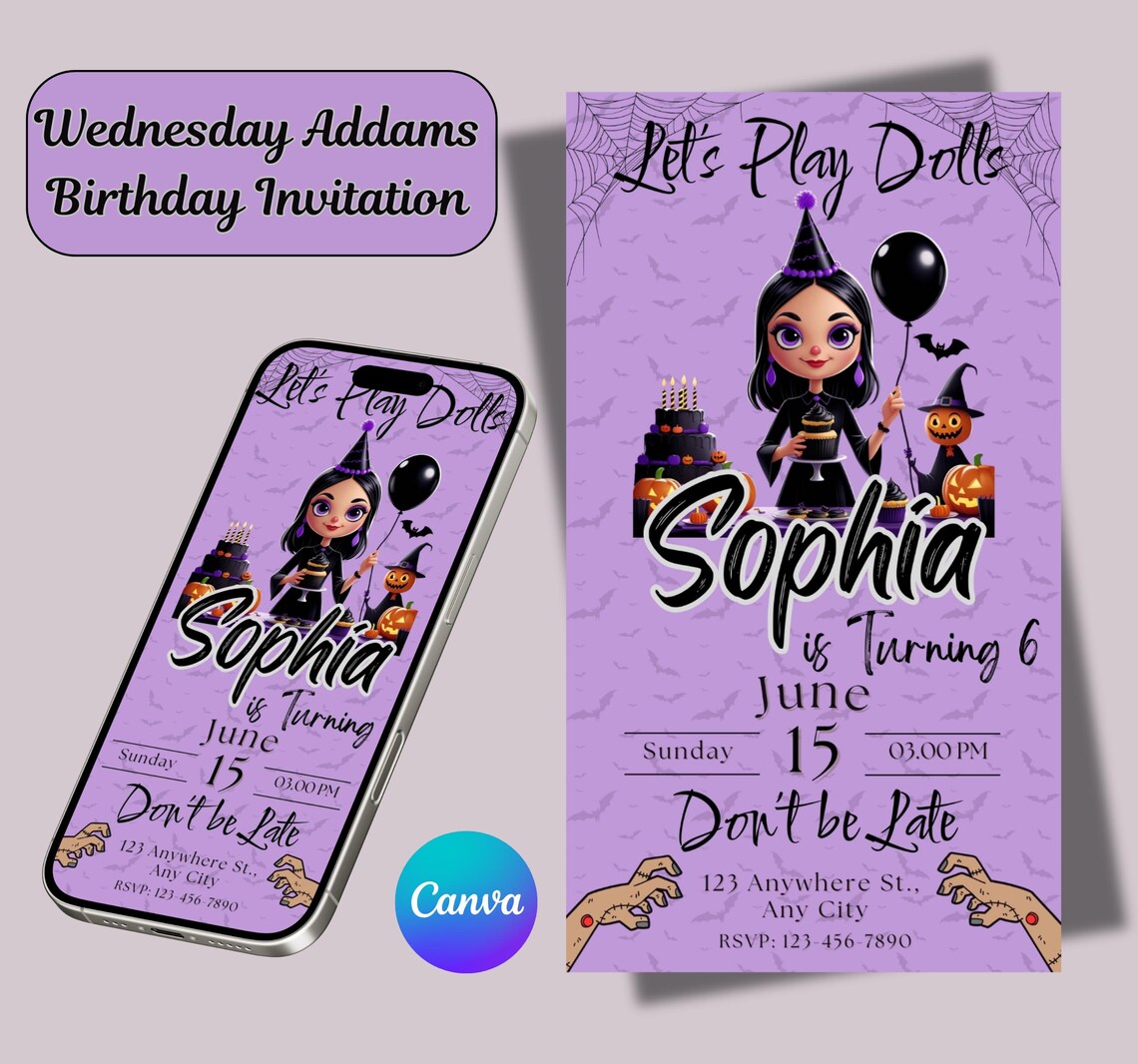 Wednesday Addams Birthday Evite: Editable Spooky Template (digital ...