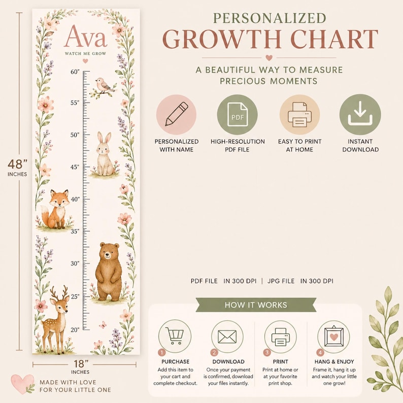 Personalized Woodland Growth Chart | Kids Name Ruler, Nursery Decor ...