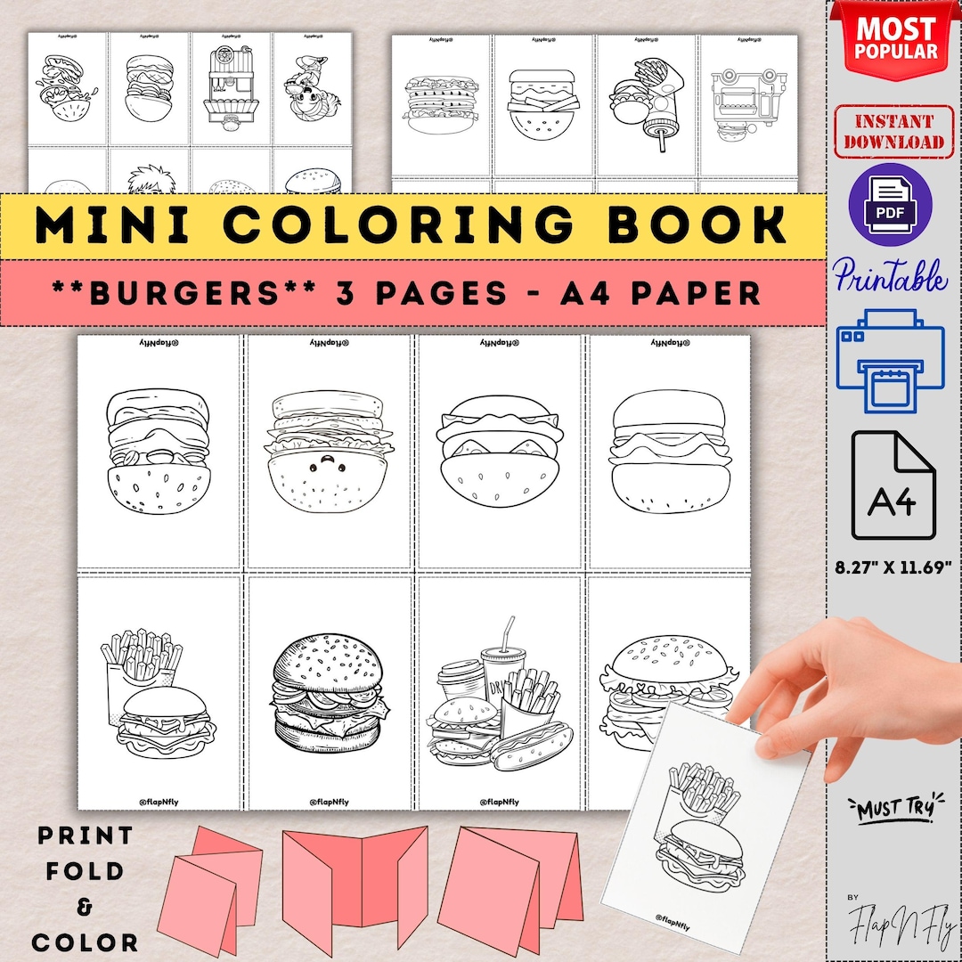 Mini Burger Coloring Book: Printable A4 Foldable PDF Gift - Etsy