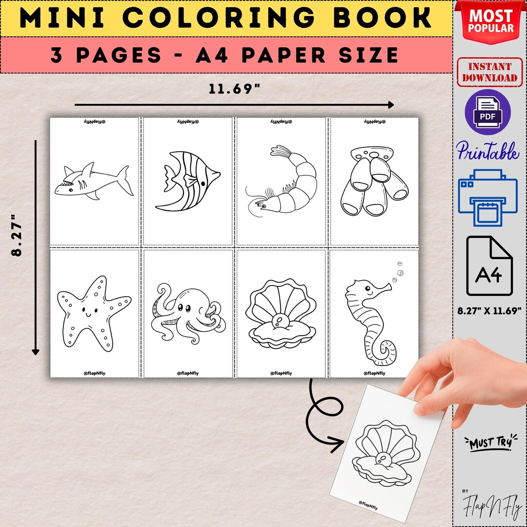 Mini Sea Animals Coloring Book: Foldable A4 Ocean Creatures (PDF ...