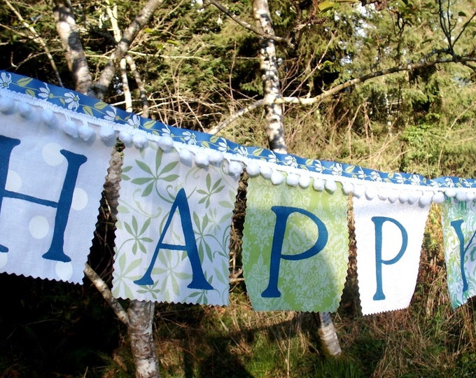 Happy Birthday Banner in Blue White and Green With White Pom Poms - Etsy