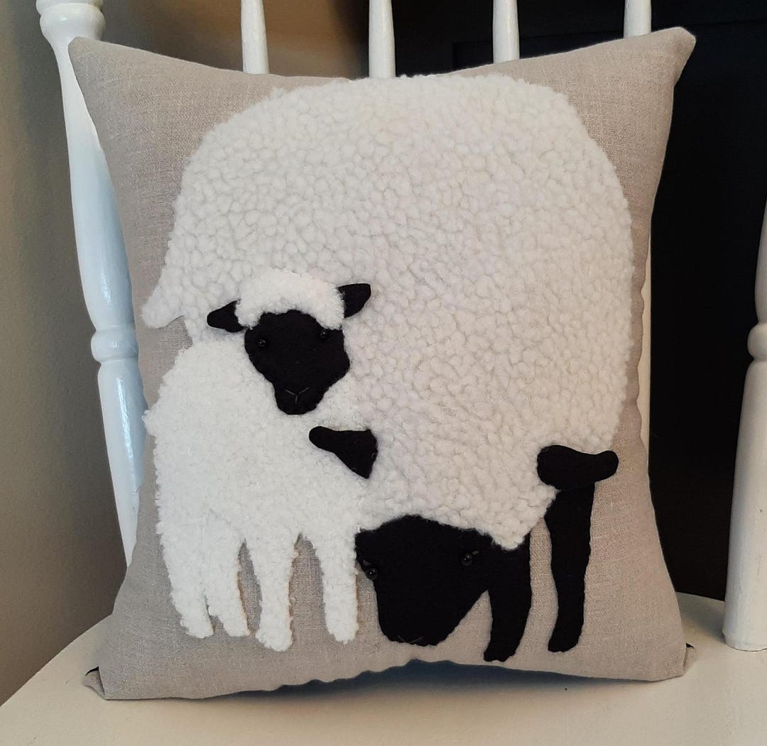 EWE AND ME ~ Touching Lamb and Sheep Pillow Wool Applique Handmade ...