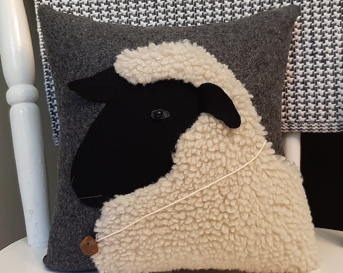 Woolly Sheep Pillow on Wool, Folk Art, Handmade, Applique, Realistic ...