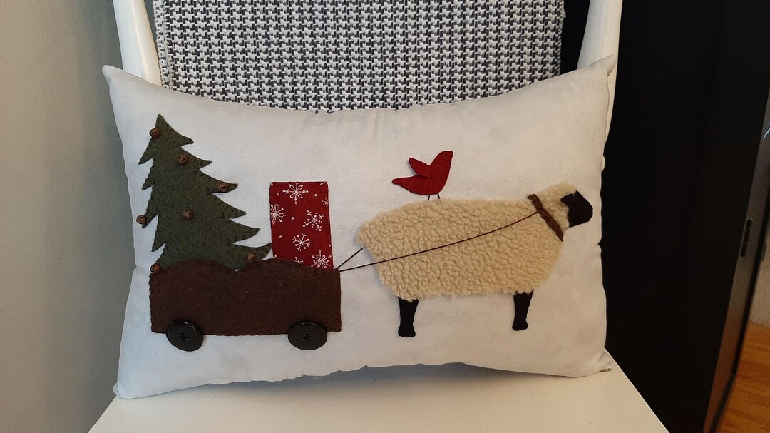 SHEEP CHRISTMAS PILLOW Lamb Pulling Cart Pillow, Tree, Rusty Bells, Red ...