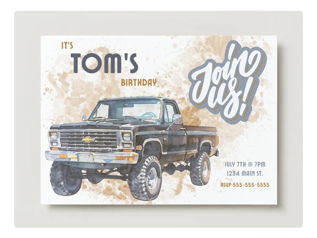 Chevy Truck Birthday Invitation Card | 1987 Square Body Pickup | Text ...