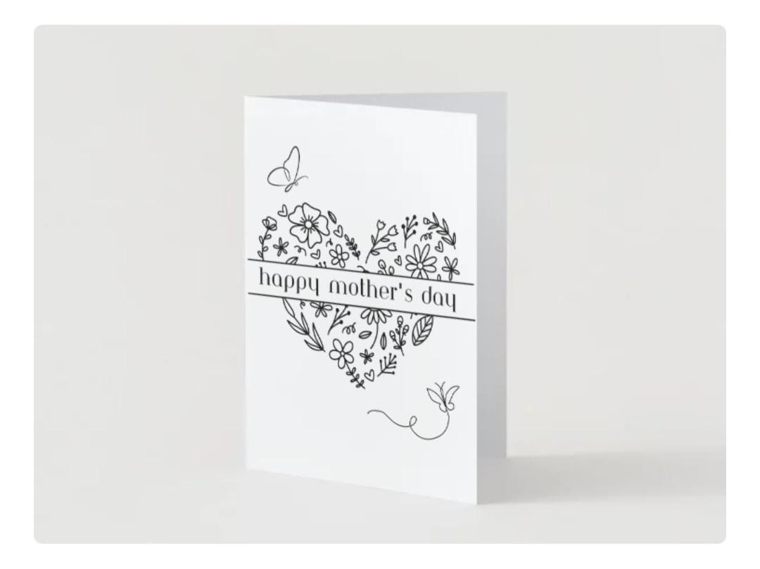 Printable 5x7 Mother's Day Card - Black White Minimalist Floral Heart ...