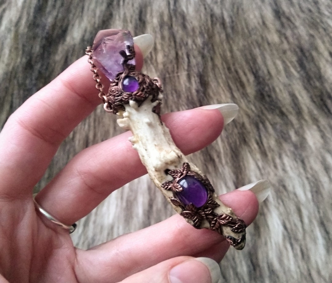 Lavender Forest Fae Amethyst and Antler Wand Pendant - Etsy