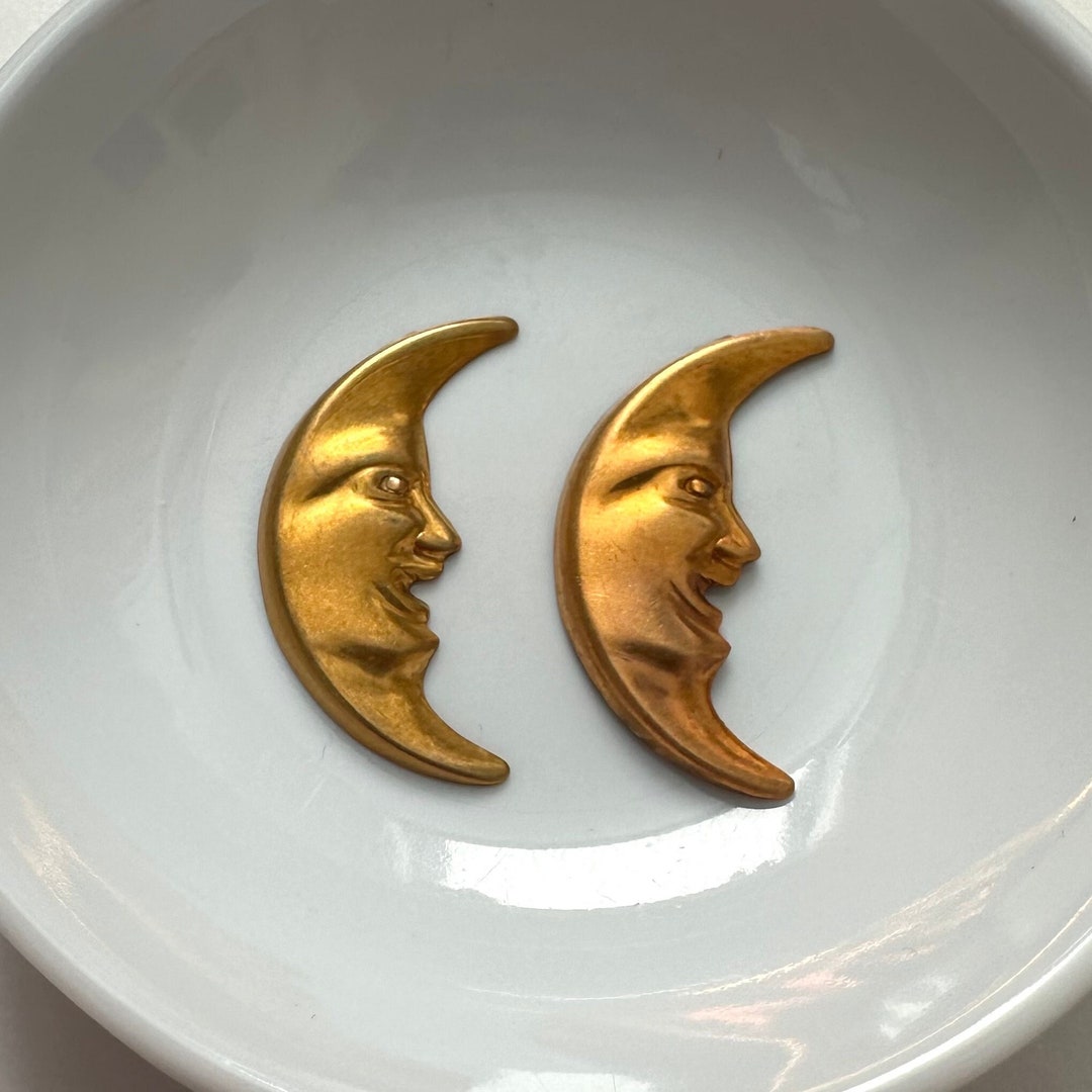Vintage Crescent Moon Stampings Brass 27x14 Celestial Smiling Moonface ...
