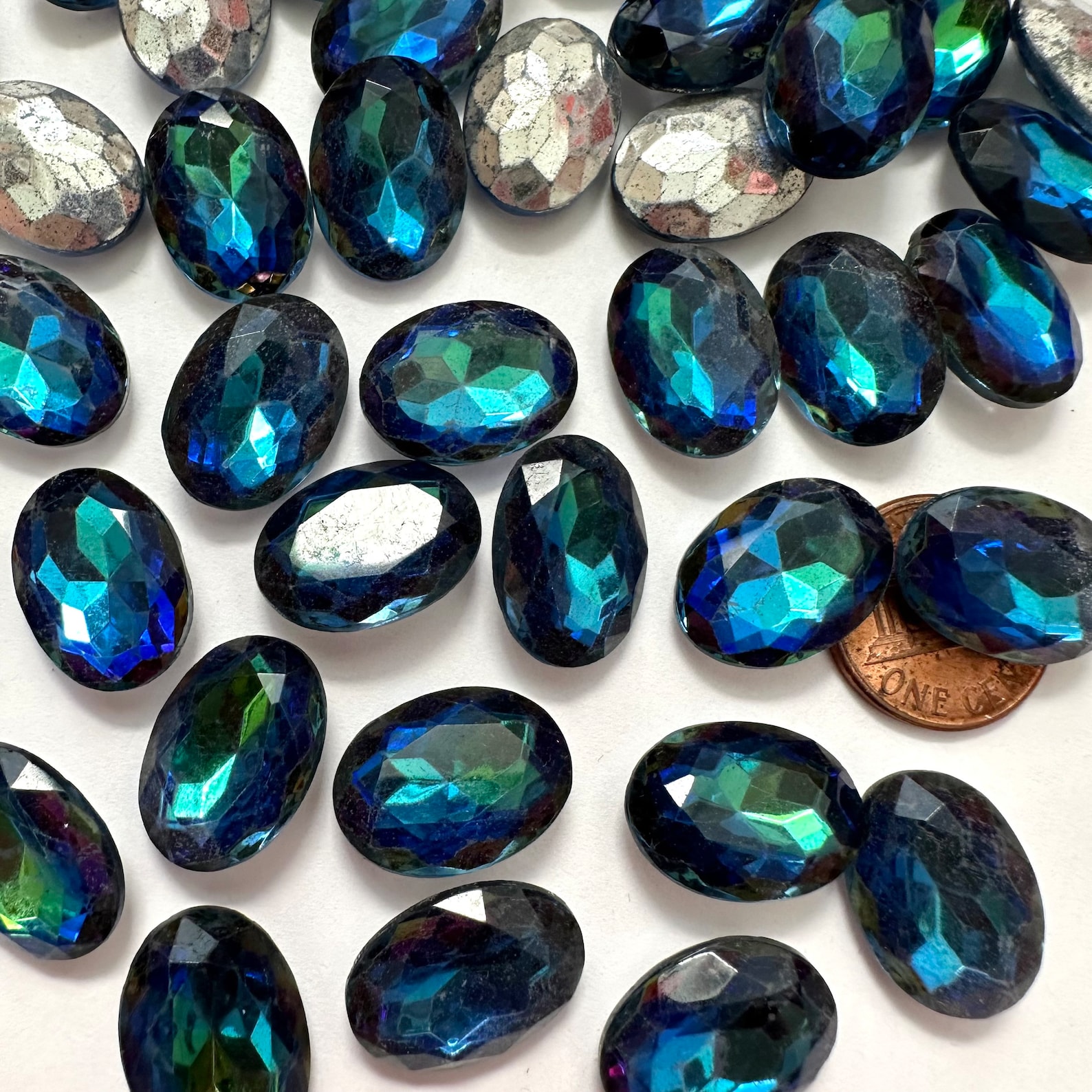 Vintage Bermuda Blue Stones 18x13 Foiled Glass Oval Faceted Funky AS IS ...