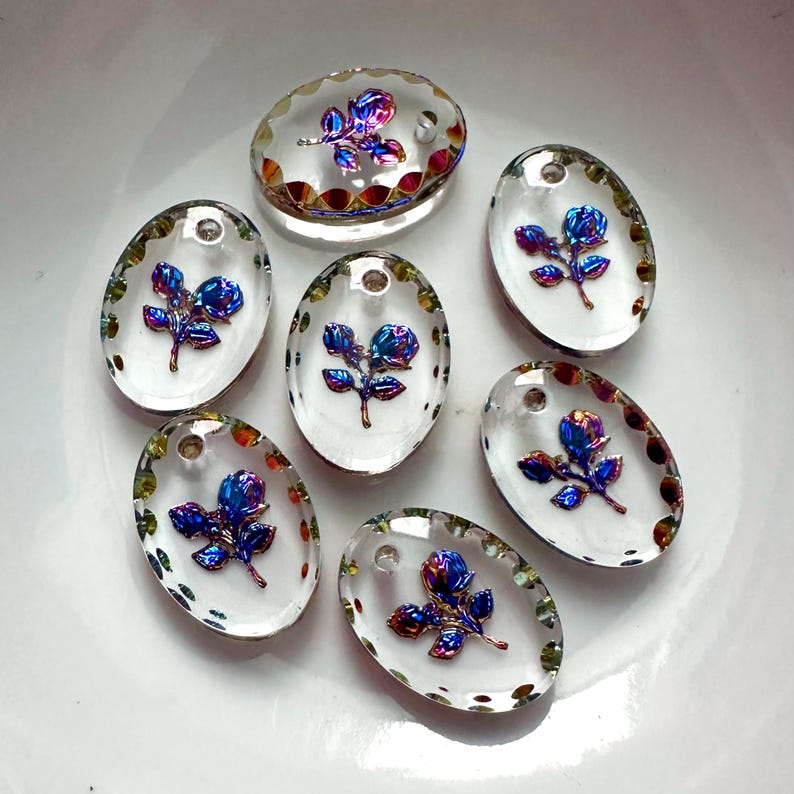 Vintage Glass Intaglio Drops Helio Blue Rose Reverse Carved Double Rose ...