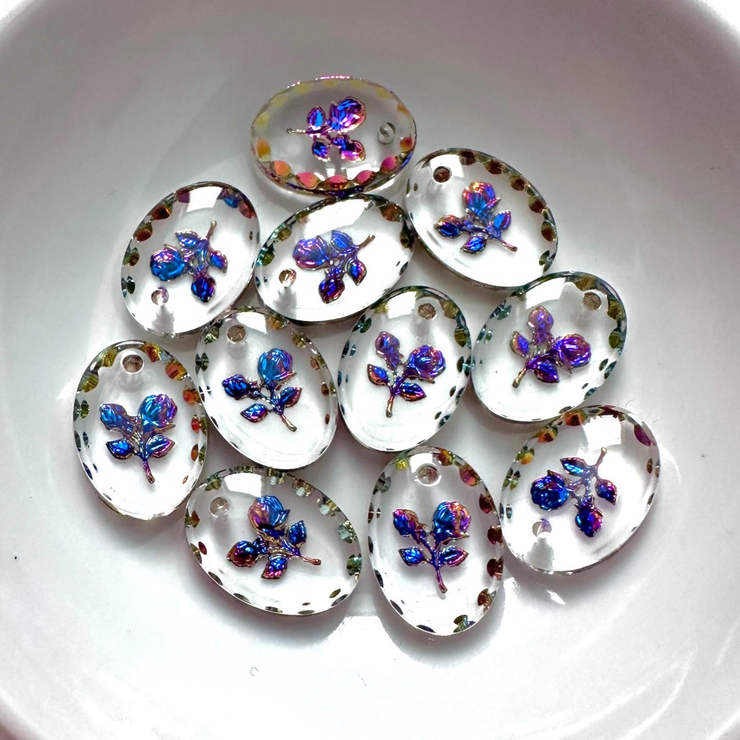 Vintage Glass Intaglio Drops Helio Blue Rose Reverse Carved Double Rose ...