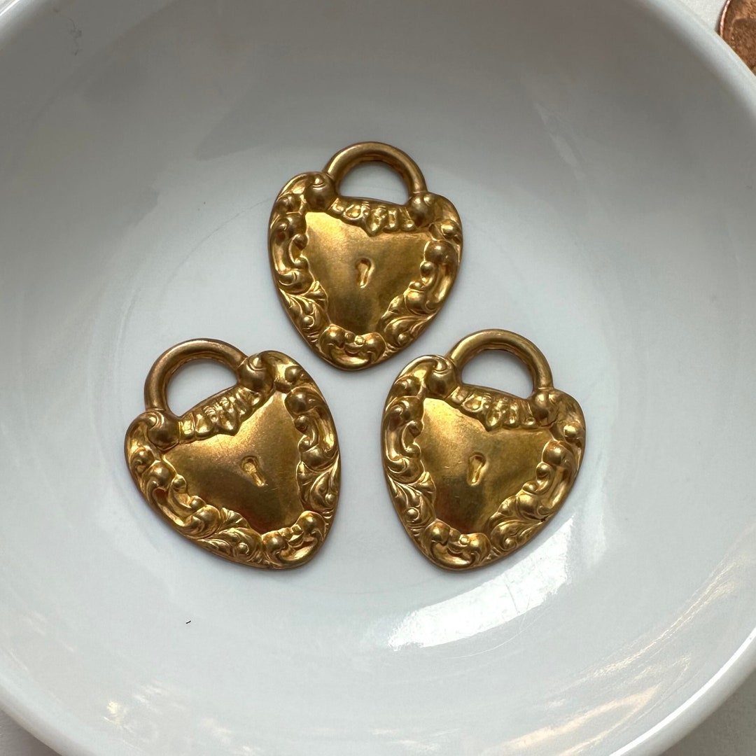 Vintage Heart Stampings Brass Lock Key to My Heart Art Nouveau Floral ...