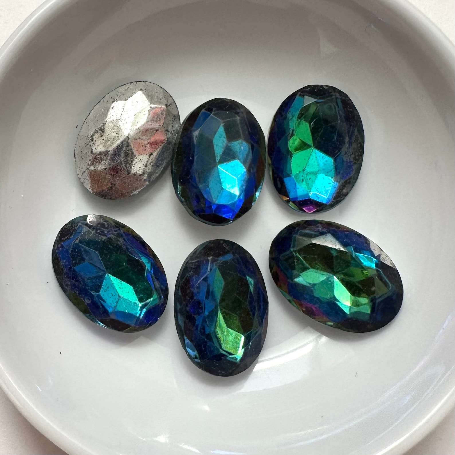 Vintage Bermuda Blue Stones 18x13 Foiled Glass Oval Faceted Funky AS IS ...