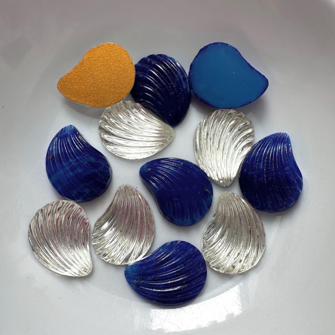 Vintage Glass Shell Cabochons Ribbed Seashell Speckled Lapis Blue Gold ...
