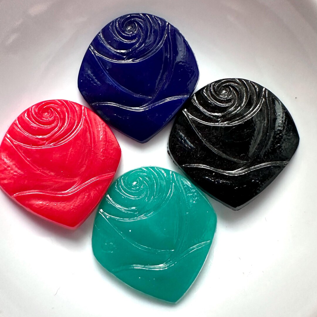 4 Vintage Pressed Glass Cabochons Bright Red Coral Orange Black Cobalt ...
