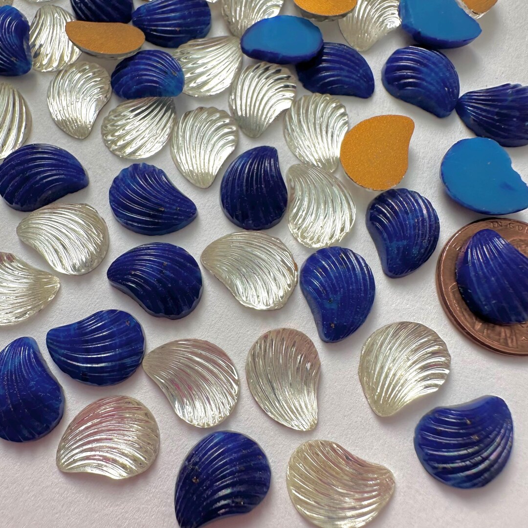 Vintage Glass Shell Cabochons Ribbed Seashell Speckled Lapis Blue Gold ...