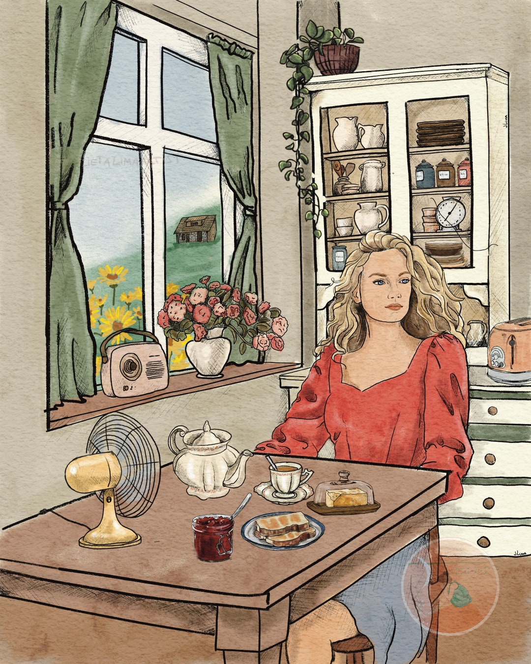 Art Print, Cottage Core Illustration, Girl Having Breakfast in Her ...
