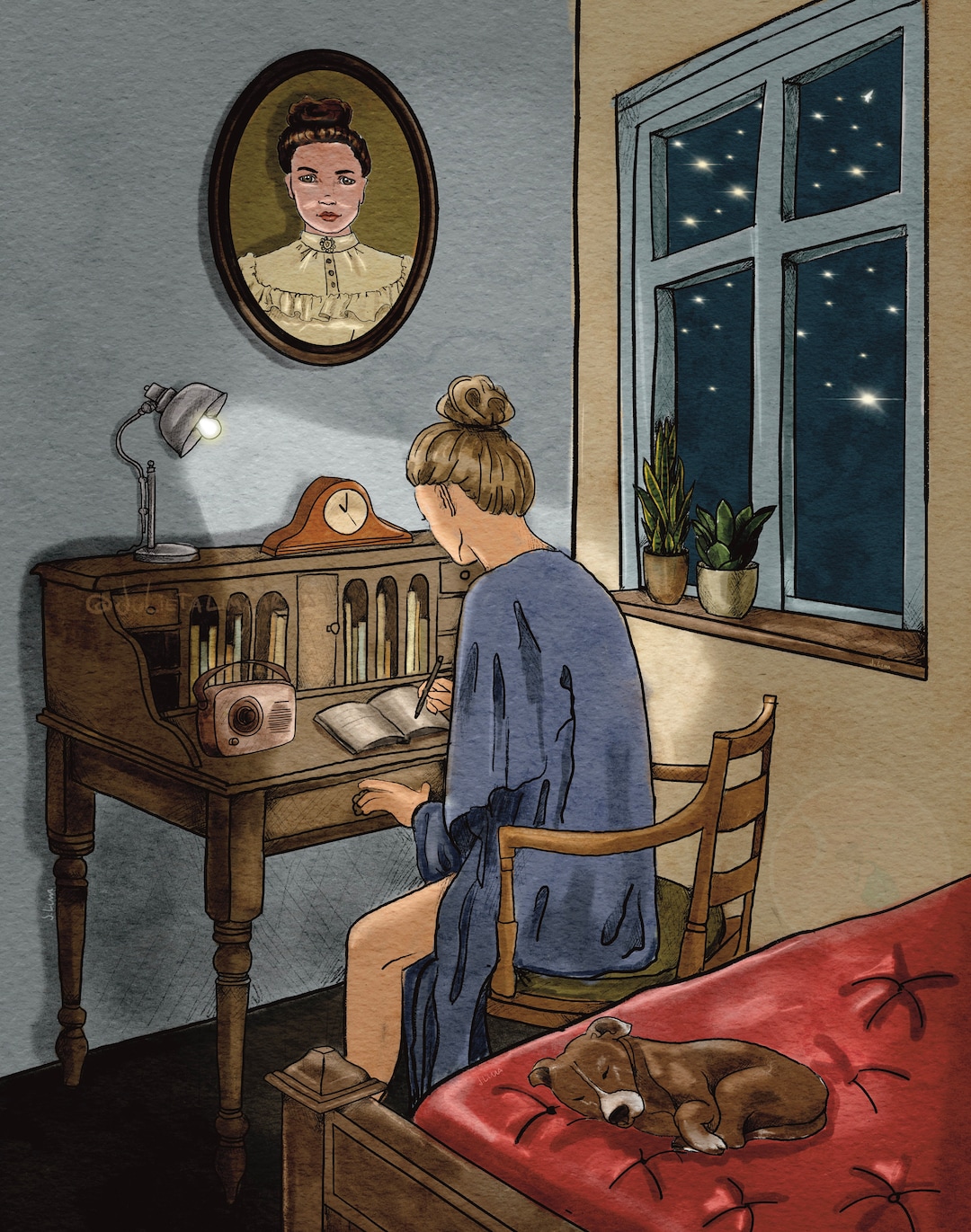 Moody Art Print of Girl Journaling at Night, Watercolor, Gallery Wall ...