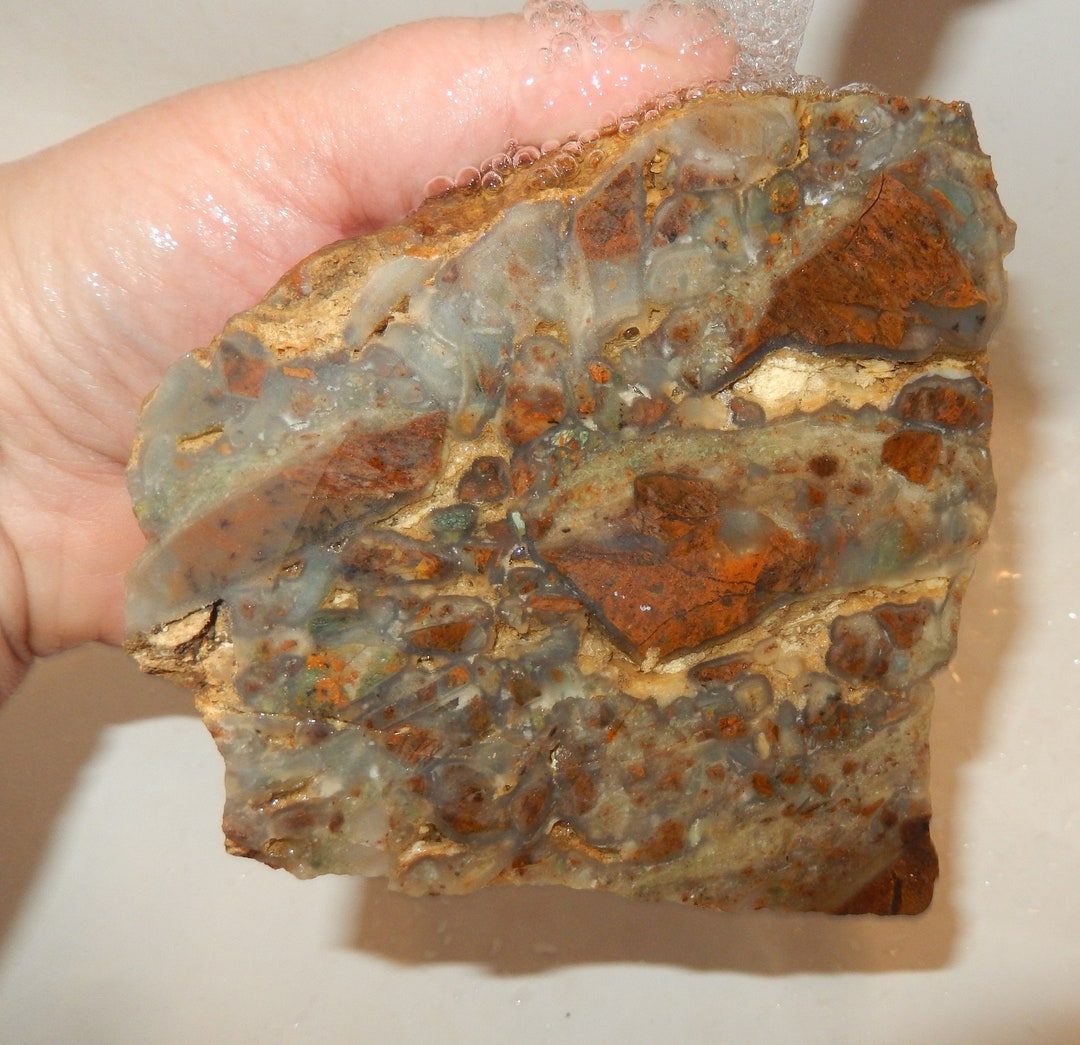 Ocean Picture Stone - Rough Large Chunk With Druzy Quartz- One Side Cut ...