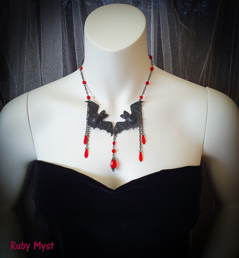 Gothic Vampire Bat Blood Red Glass Beads ERNALINE Necklace Halloween ...
