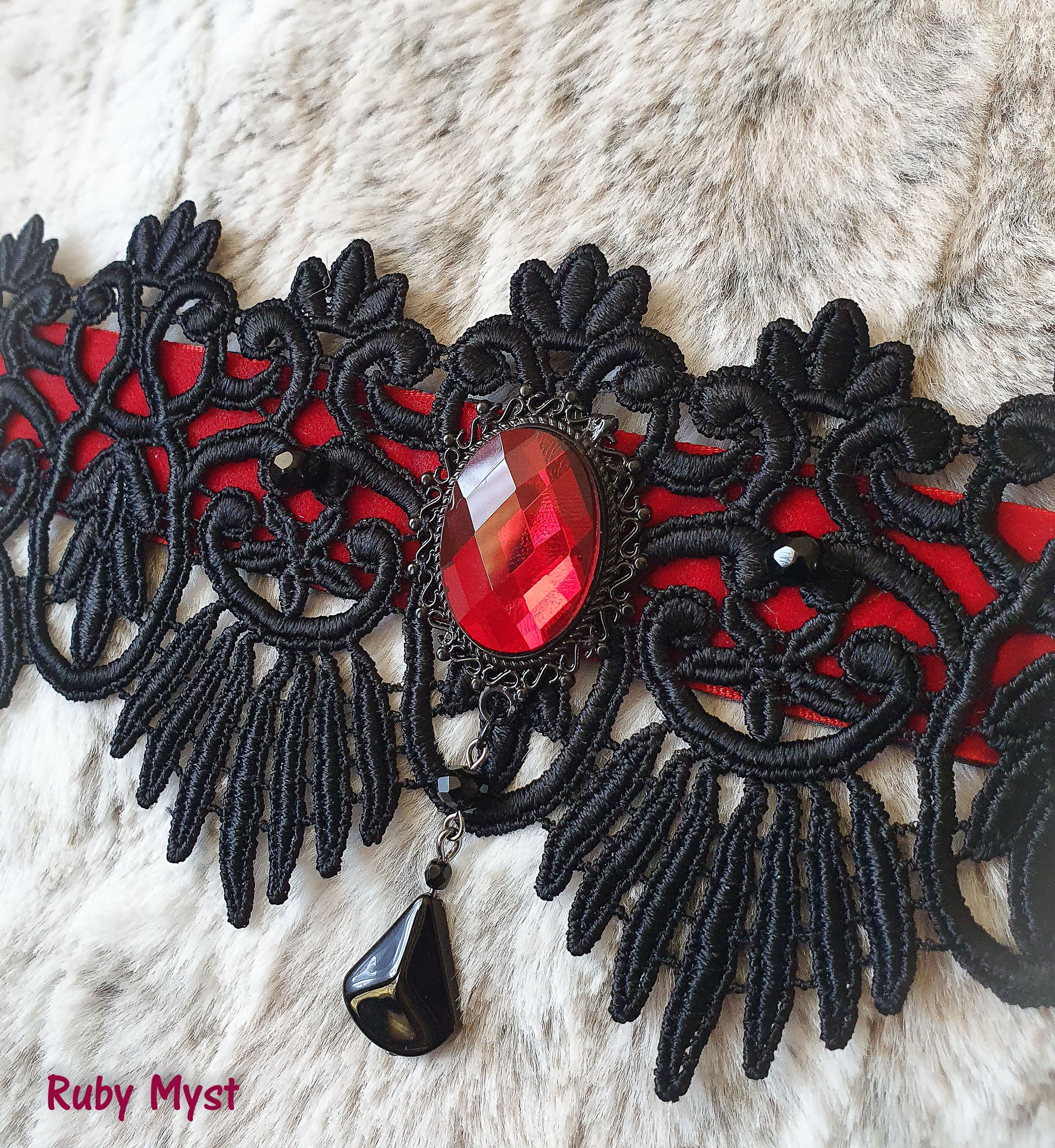 Gothic Blood Red Velvet & Black Venise Lace KASHLA Cabochon Choker - Etsy
