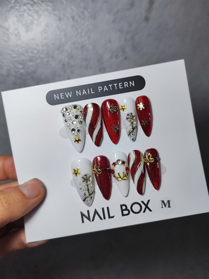 Handmade Red Stiletto Press on Nails, Christmas Reindeer Crystal Nail ...