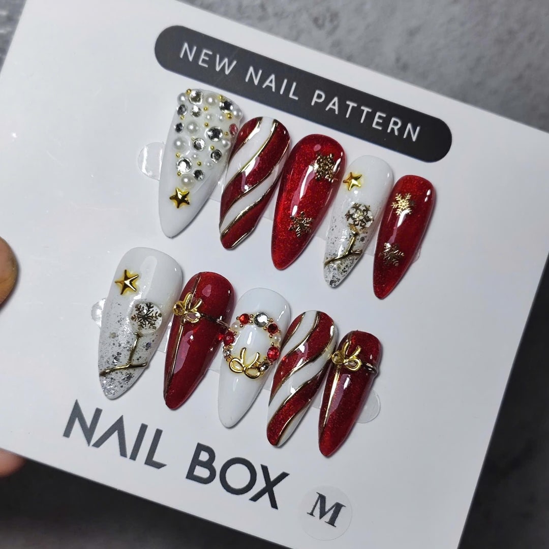 Handmade Red Stiletto Press on Nails, Christmas Reindeer Crystal Nail ...