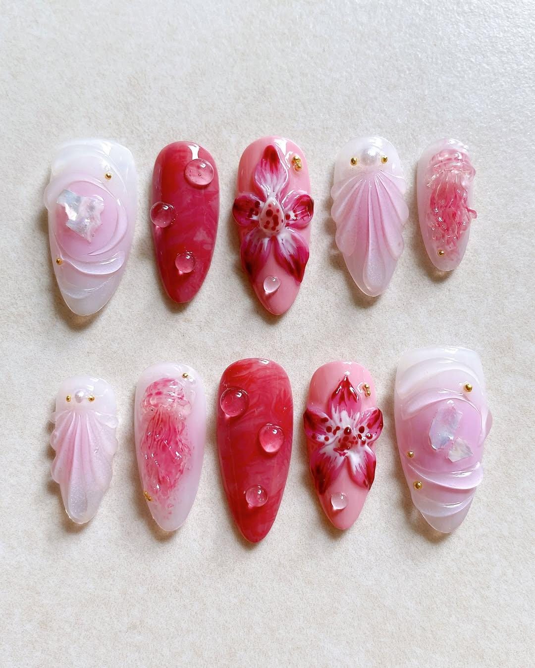 Blossom Dew Pink Press on Nails – 3D Floral, Shell & Raindrop Design ...