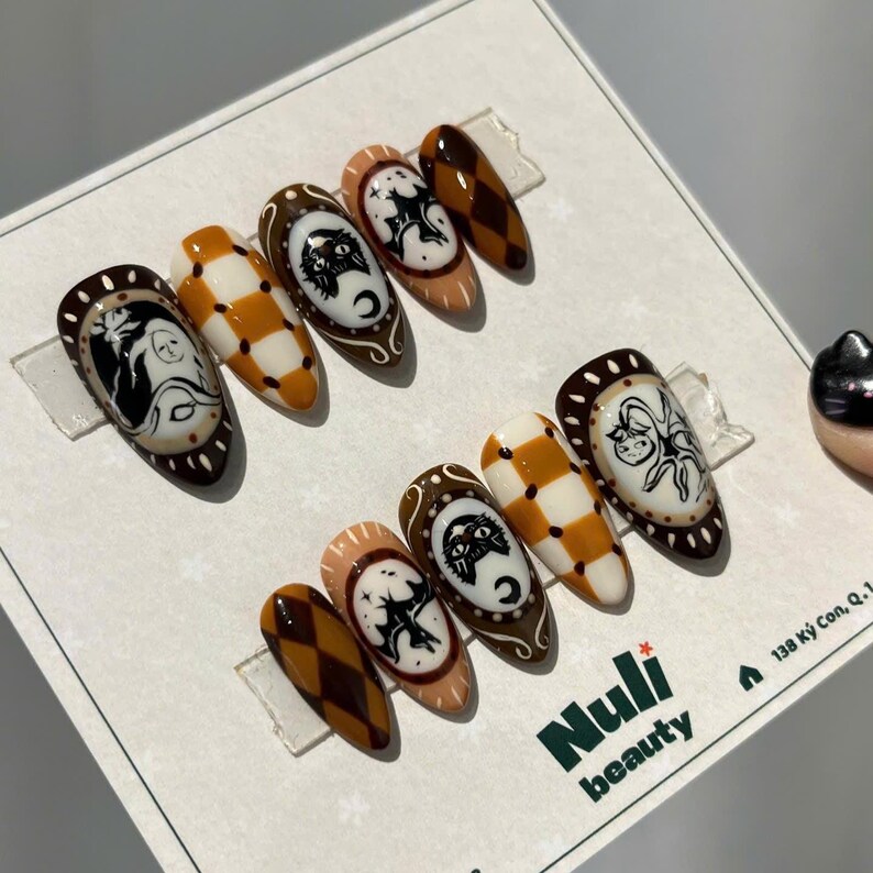 Gothic Halloween Press on Nails: Black Cat, Moon, Witchy Nail Art - Etsy