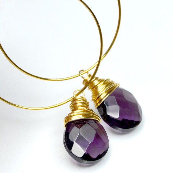 Items Similar To Faceted Dark Purple Hoop Brass Earrings On Etsy