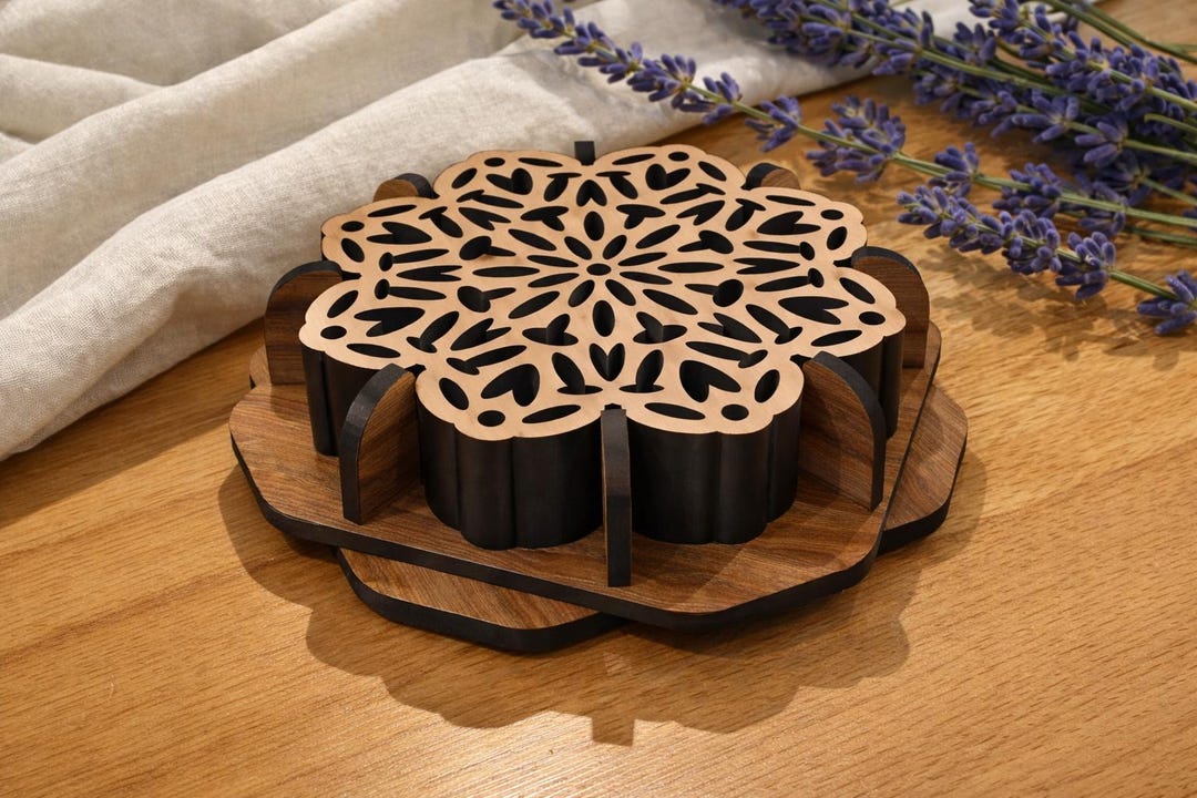Elegant Flower Coaster Set With Holder Laser Cut File | Floral Drink ...