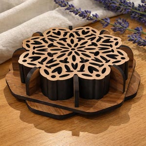 Elegant Flower Coaster Set With Holder Laser Cut File | Floral Drink ...