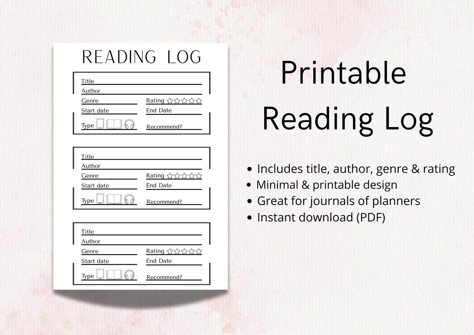 Reading Log Printable PDF – Minimalist Book Tracker for Journal or ...