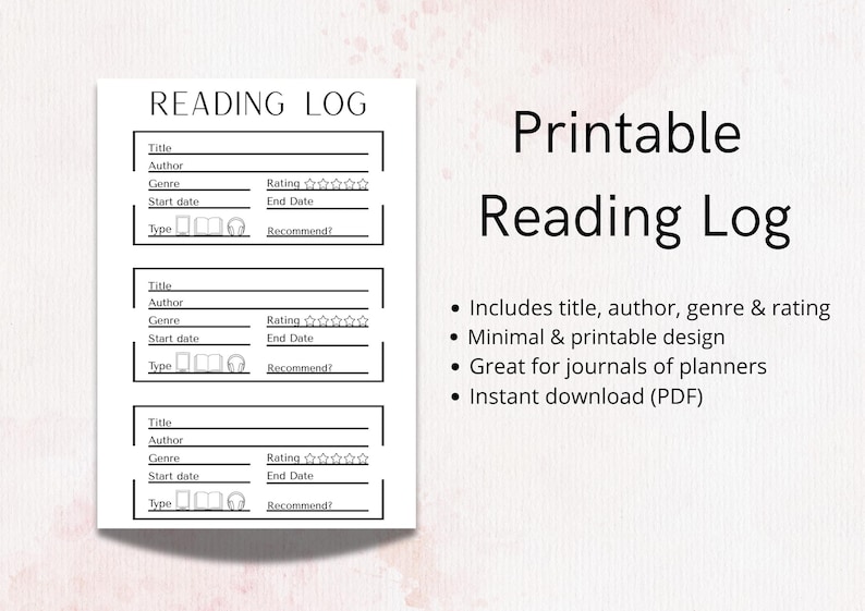 Reading Log Printable PDF – Minimalist Book Tracker for Journal or ...