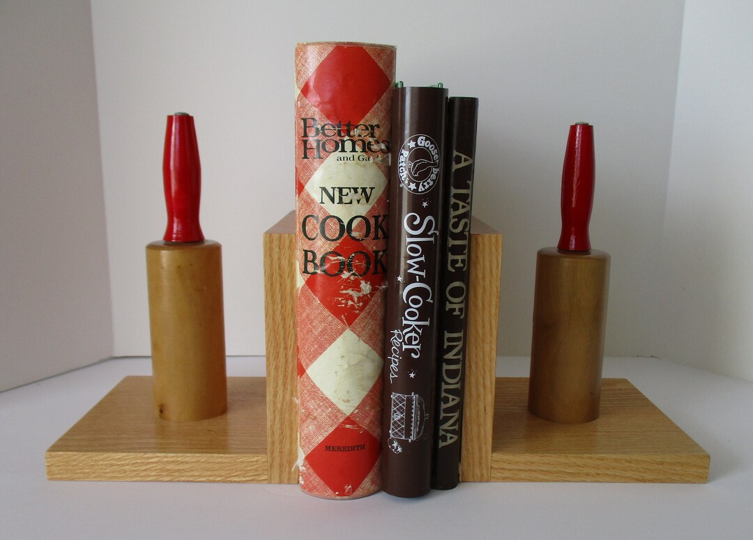 Rolling Pin Kitchen Bookends, Upcycled Vintage Rolling Pin, Cookbook ...