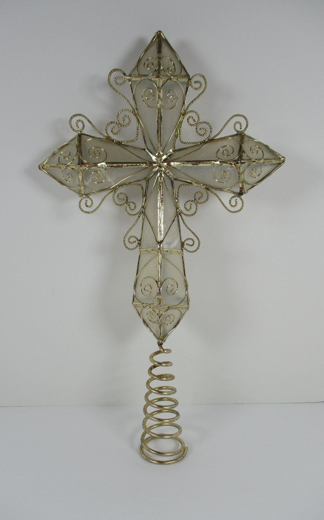 Vintage Capiz Shell Cross Christmas Tree Topper, Gold Tone Metal ...