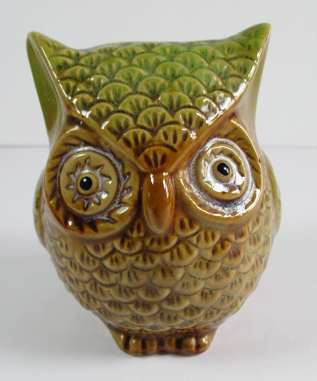 Vintage Retro Ceramic Owl Figurine, Green and Brown, Glossy Finish, Owl ...